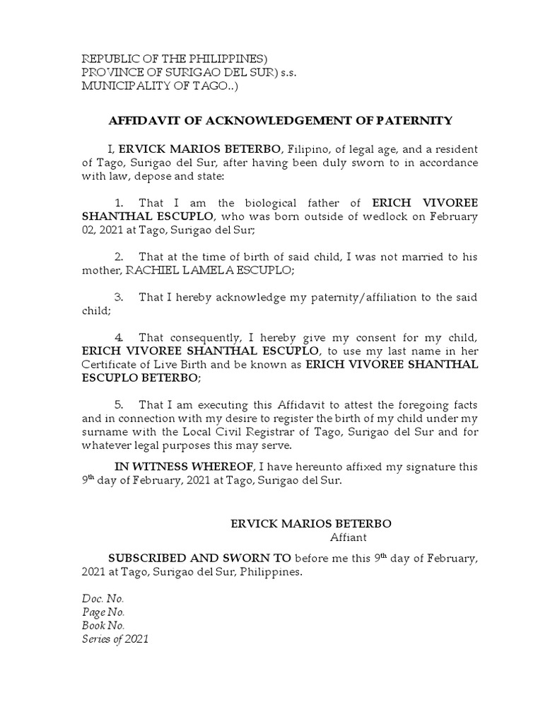 Affidavit of Acknowledgment of Paternity | PDF