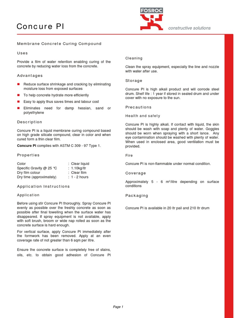 Concure PI: Membrane Concrete Curing Compound Uses | PDF | Concrete ...