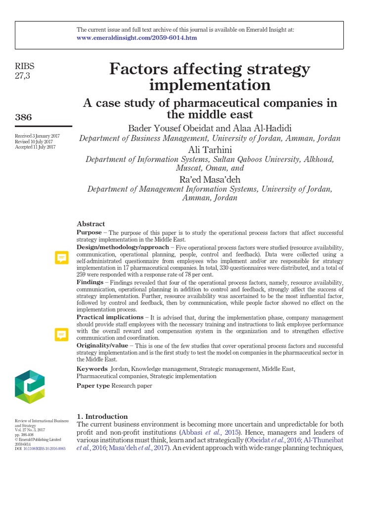 2016 Bader Yousef Obeidat Factors Affecting Strategy Implementation ...