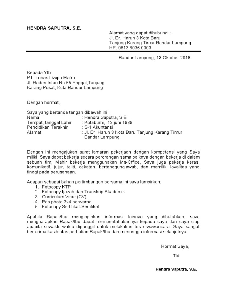 Surat Lamaran Hendra Saputra | PDF