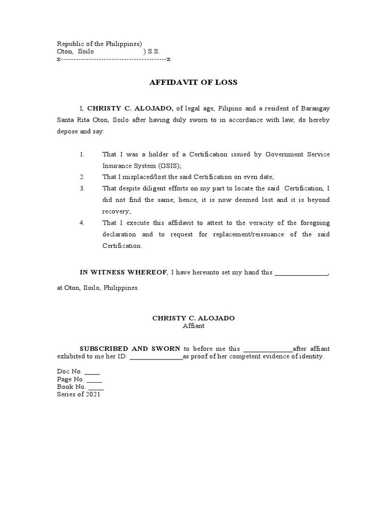 AFFIDAVIT OF LOSS (Certification) | PDF