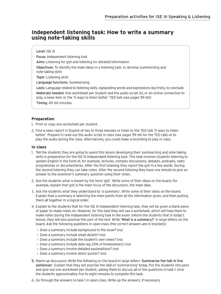 Developing Note-Taking and Summarizing Skills for the ISE III ...