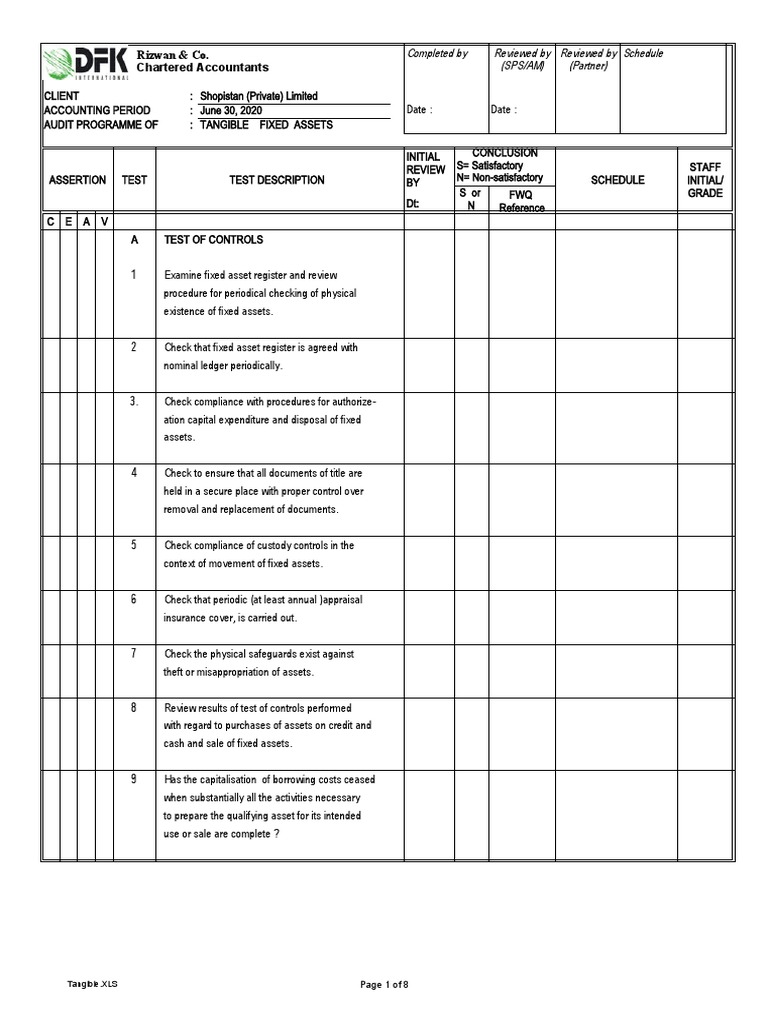 Audit Programme Tangible Fixed Asset | PDF | Depreciation | Fixed Asset