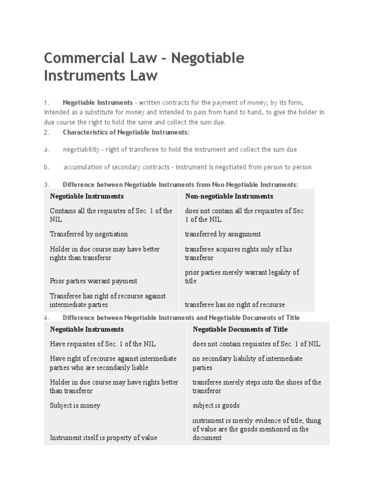 Commercial Law - Negotiable Instruments Law | PDF | Negotiable Instrument | Cheque