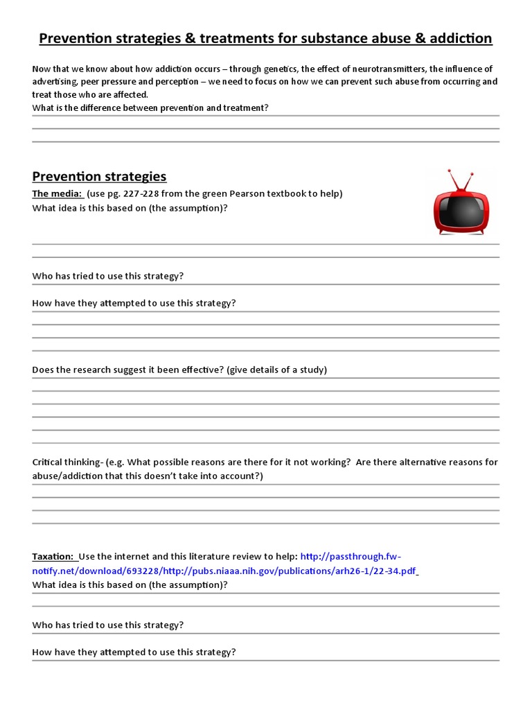 Prevention and Treatments For Alcohol Abuse and Addiction Worksheets ...