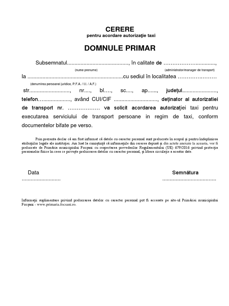 Cerere Si Documente Necesare Pentru Acordarea Autorizatiei Taxi | PDF