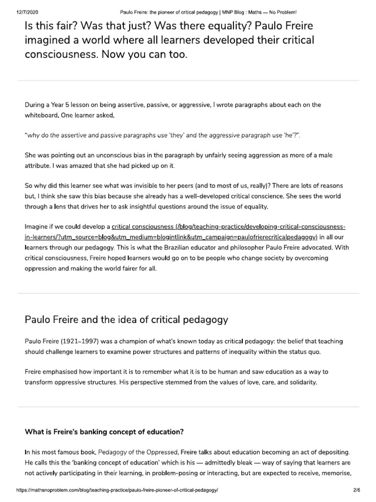 Paulo Freire - The Pioneer of Critical Pedagogy | PDF