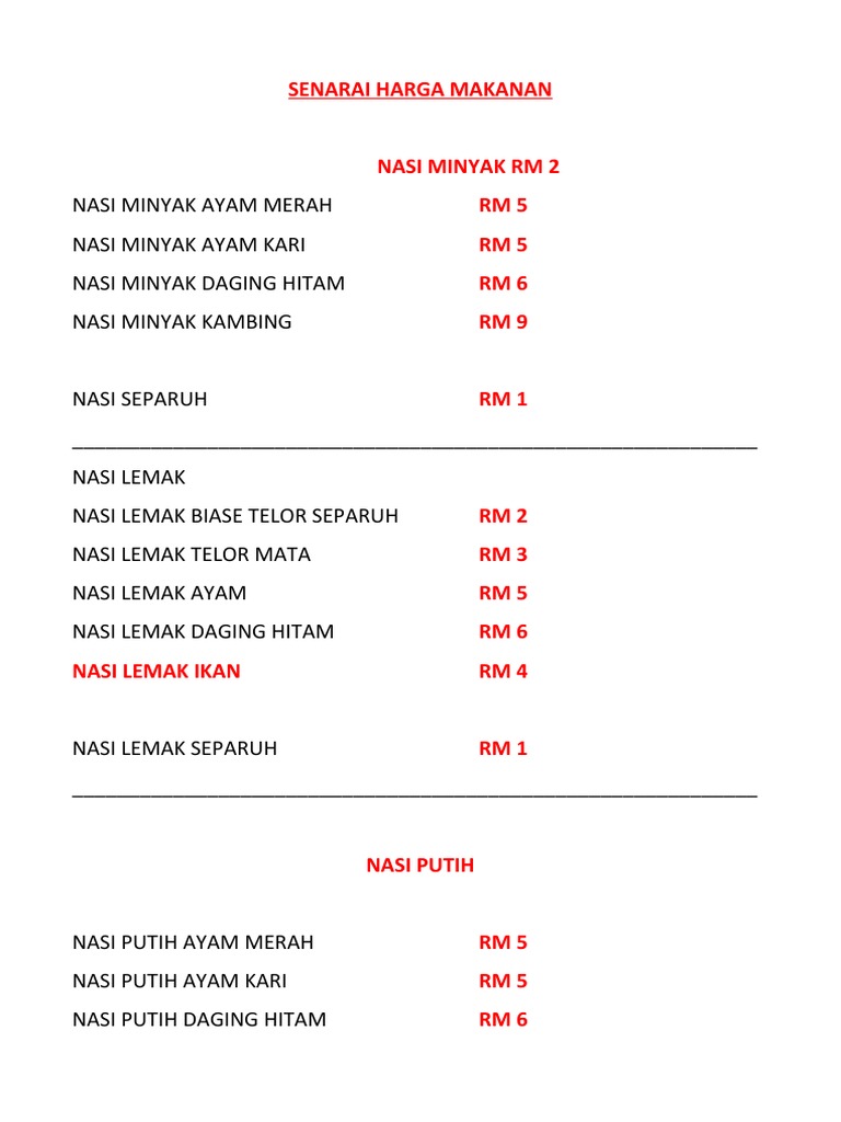 Senarai Harga Makanan | PDF