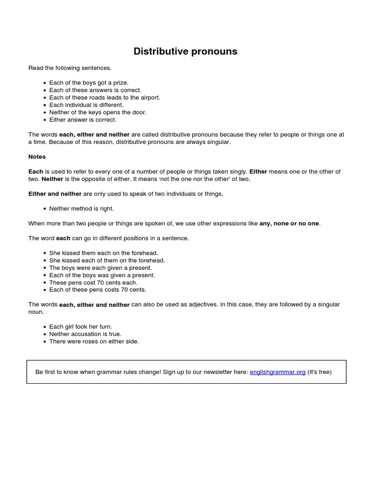 Understanding Distributive Pronouns: Each, Either, and Neither | PDF | Grammatical Number | Pronoun