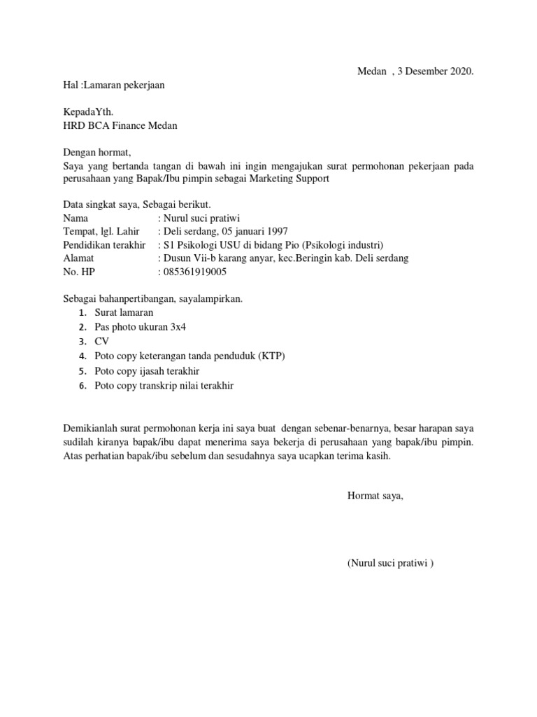 Surat Lamaran Kerja Bca Finance Pdf