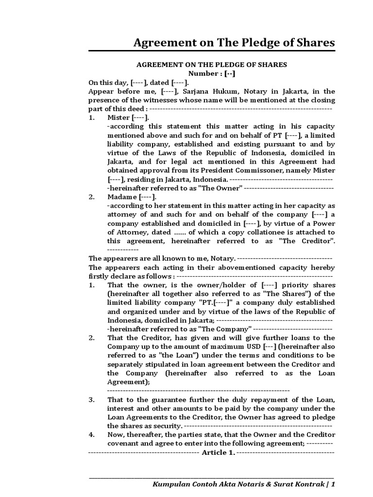 Pledge of Shares Agreement Template | PDF | Loans | Debt