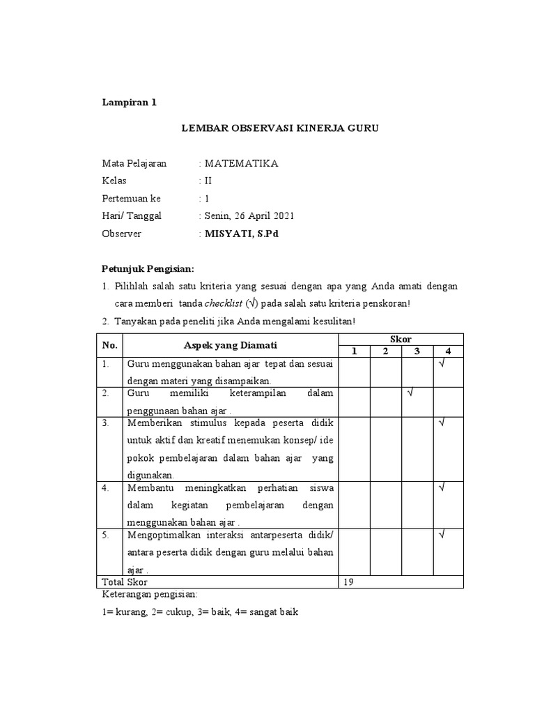 Lampiran - 1 - LEMBAR - OBSERVASI - KINERJA - GURu Fix. Fixdoc | PDF Lampiran - 1 - LEMBAR - OBSERVASI - KINERJA - GURu Fix. Fixdoc | PDF