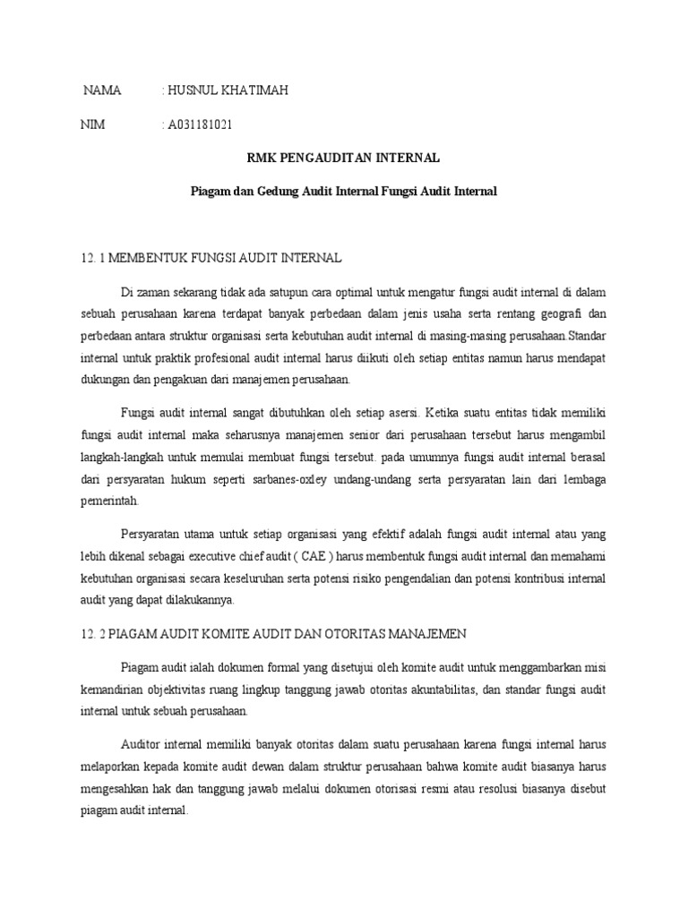 RMK Piagam Dan Gedung Audit Internal Fungsi Audit Internal - HUSNUL KHATIMAH (A031181021) | PDF