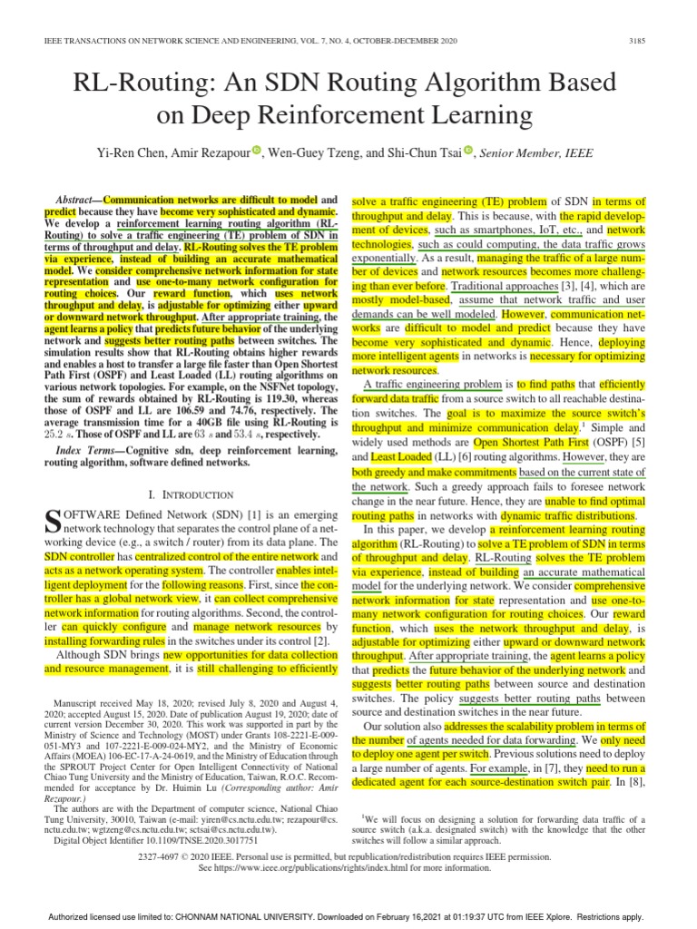 (2020 - IEEE-Trsnsactions Omn NSAE) RL-Routing - An SDN Routing Alogorirjm Based On Deep ...