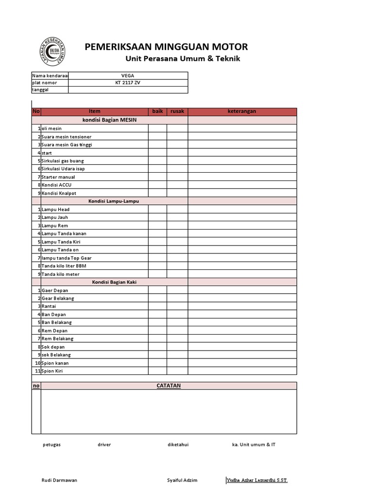 Checklist Pemeriksaan Mingguan Motor | PDF