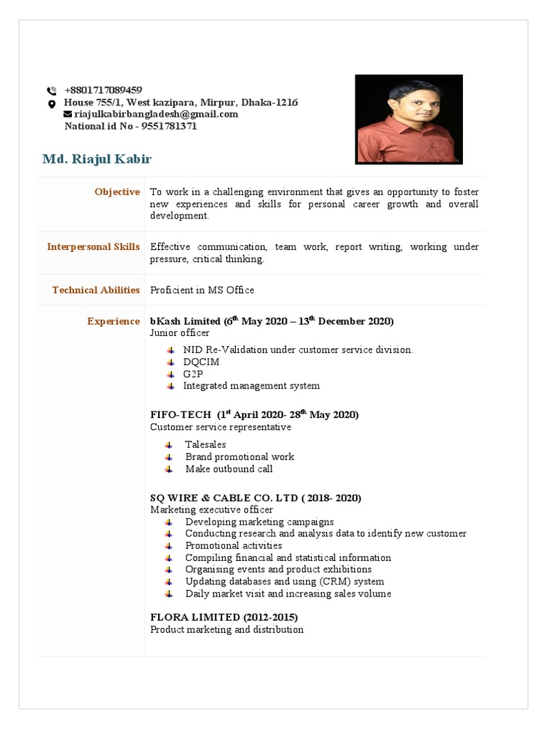 Md. Riajul Kabir Updated CV | PDF | Communication | Business Economics