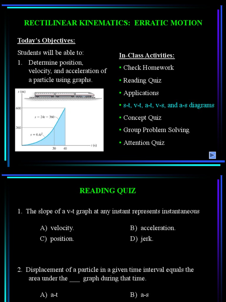 Rectilinear Kinematics: Erratic Motion: Today's Objectives: In-Class Activities | PDF | Velocity ...