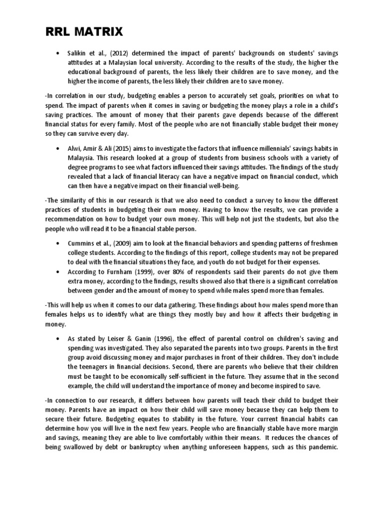 RRL Matrix | PDF | Attitude (Psychology) | Money