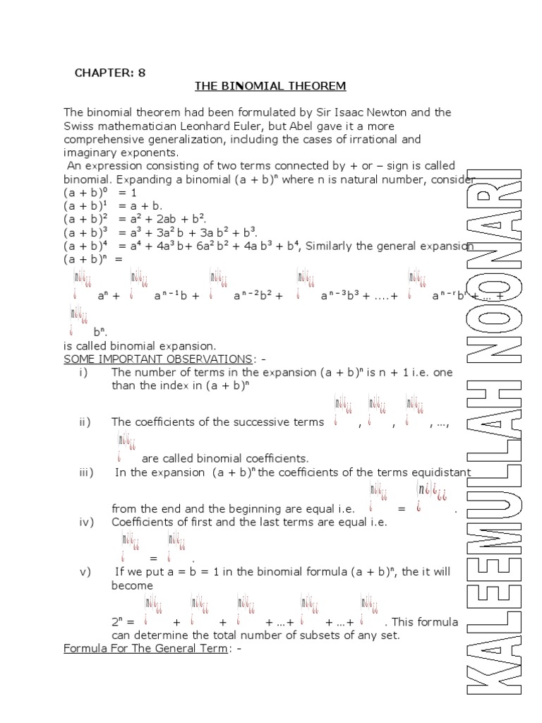 CHAP # 8 THE BINOMIAL THEOREM & Mathematical Induction 1st Year | PDF | Discrete Mathematics ...