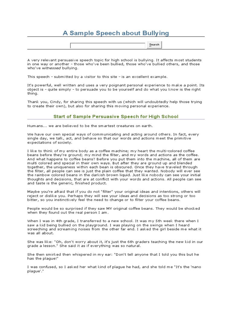 A Sample Speech About Bullying | PDF