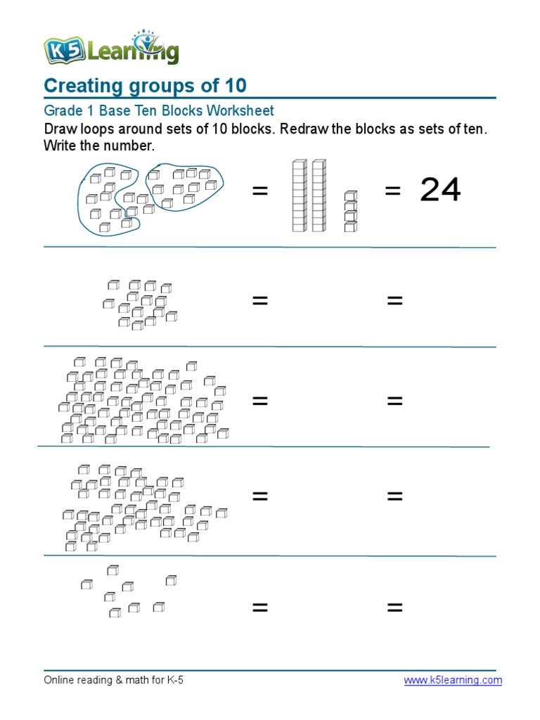 Creating Groups of 10: Grade 1 Base Ten Blocks Worksheet | PDF