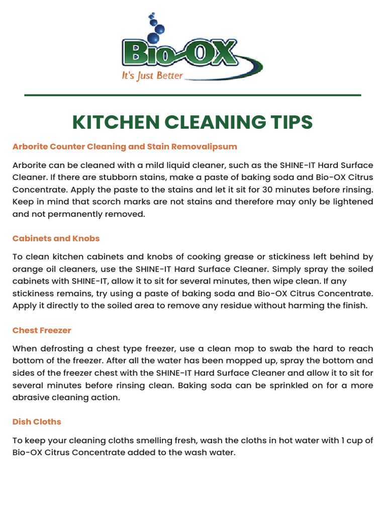 Bio-OX Kitchen Cleaning Tips | PDF | Dishwasher | Oven
