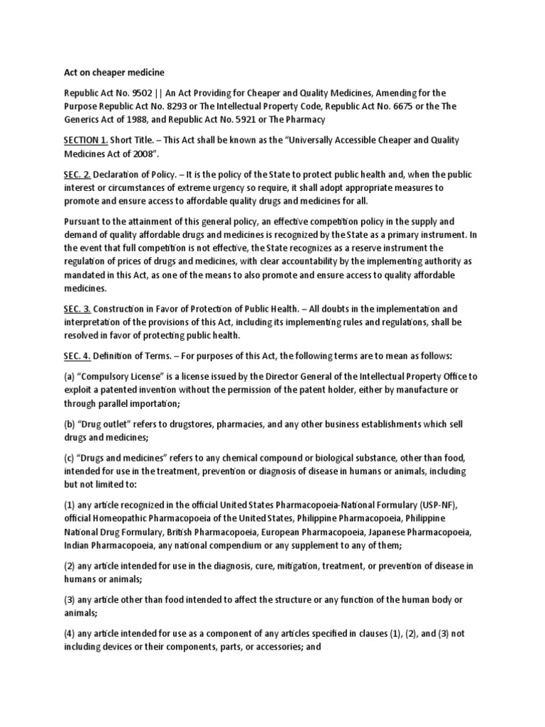 Act On Cheaper Medicine | PDF | Drugs | Generic Drug