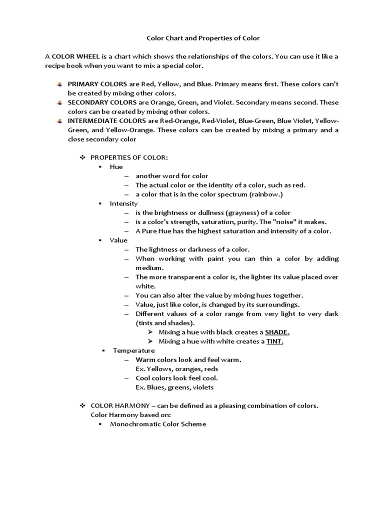 Color Chart and Properties of Color | PDF | Color | Hue