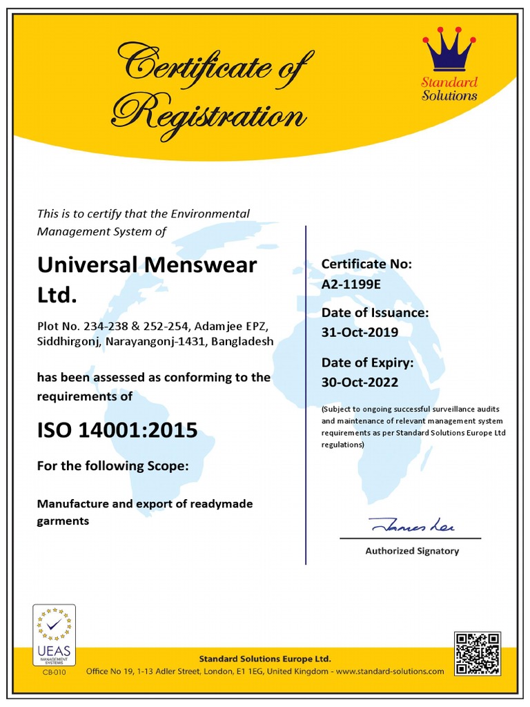 ISO 14001-2015 Certificate of Universal Menswear Ltd. | PDF