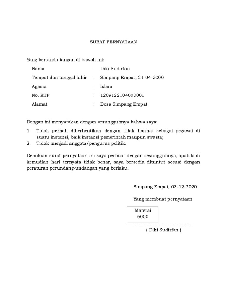 Lampiran 2 Surat Pernyataan Tidak Pernah Diberhentikan Dengan Tidak Hormat | PDF