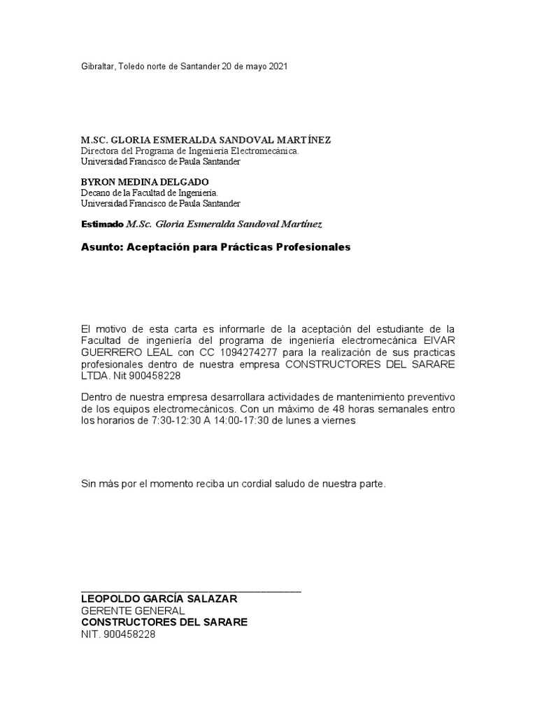 Carta De Aceptacion Practicas Profesionales Tihsa Pdf