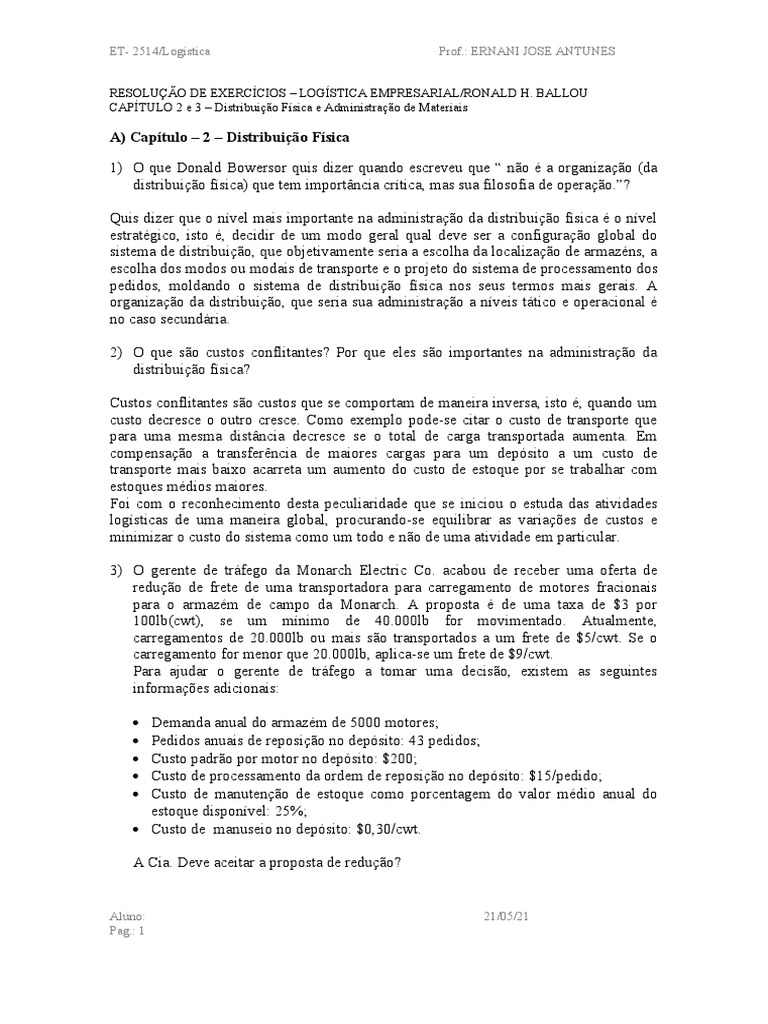 Gabarito Do Cap 2 3 Do Livro de Logística - Ballou | PDF | Logística | Cadeia de suprimentos
