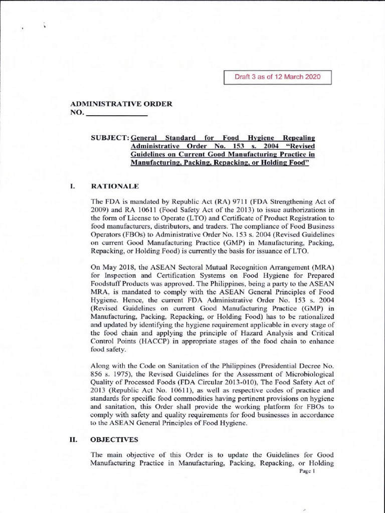 DOH AO XX Yyyy General Standard For Food Hygiene Repealing AO 153 2004 ...