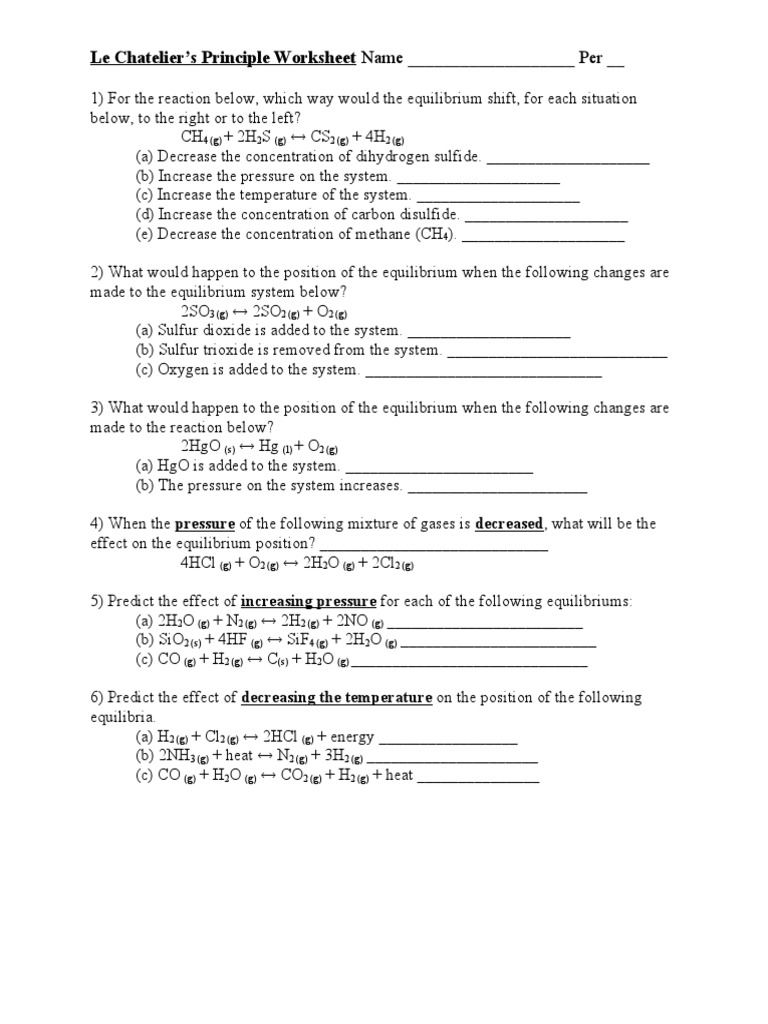 Le Chatelier's Principle Worksheet Name - Per | PDF