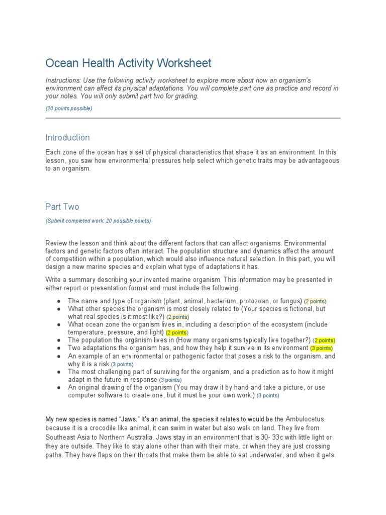 Ocean Health Activity Worksheet: (20 Points Possible) | Download Free ...