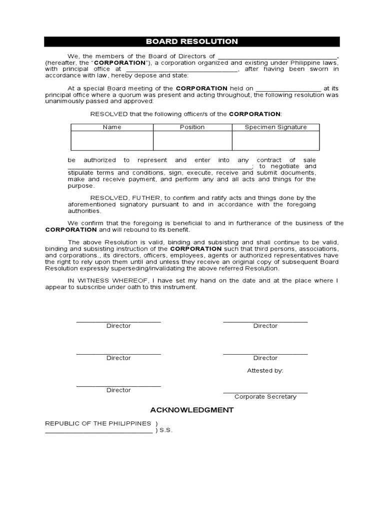 Board Resolution: CORPORATION and Will Rebound To Its Benefit | PDF ...