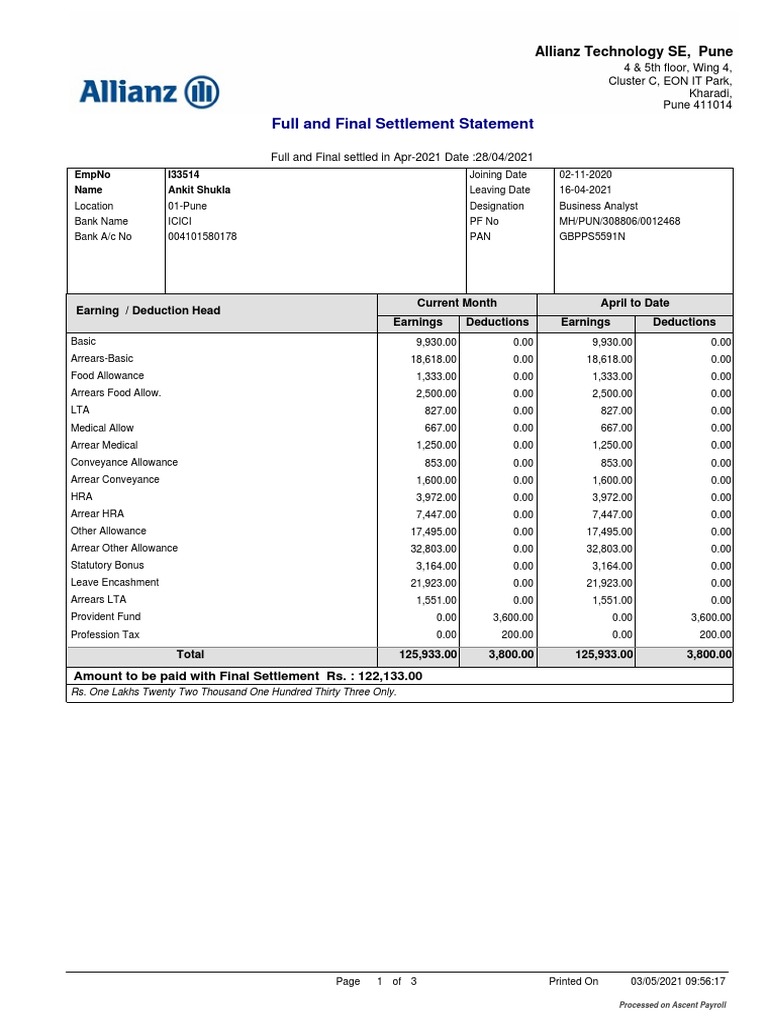 Full and Final Settlement Statement | PDF | Payroll | Tax Refund