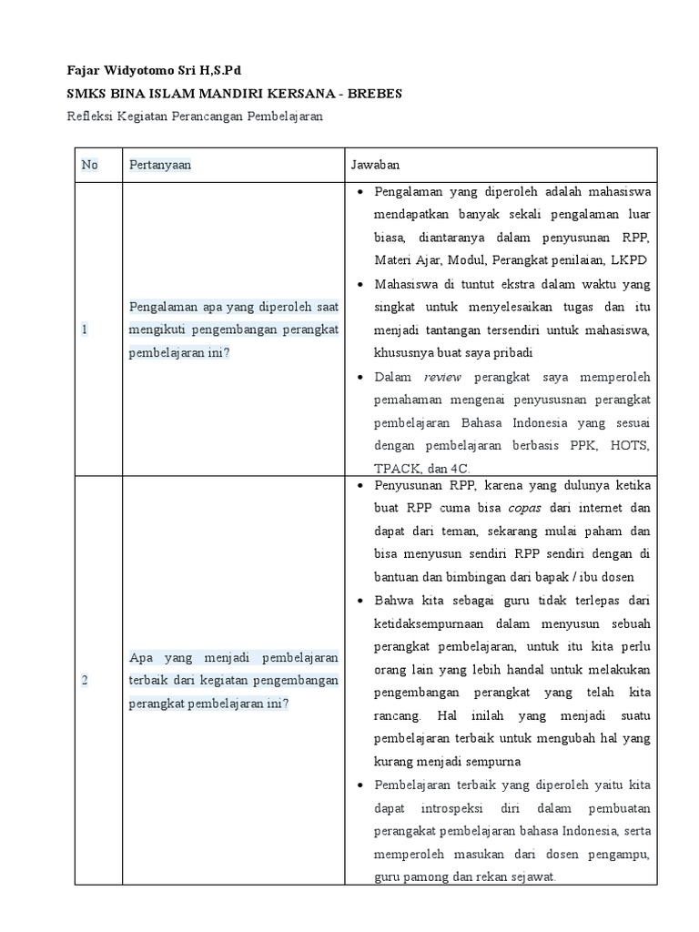 Refleksi Kegiatan Perancangan Pembelajaran | PDF