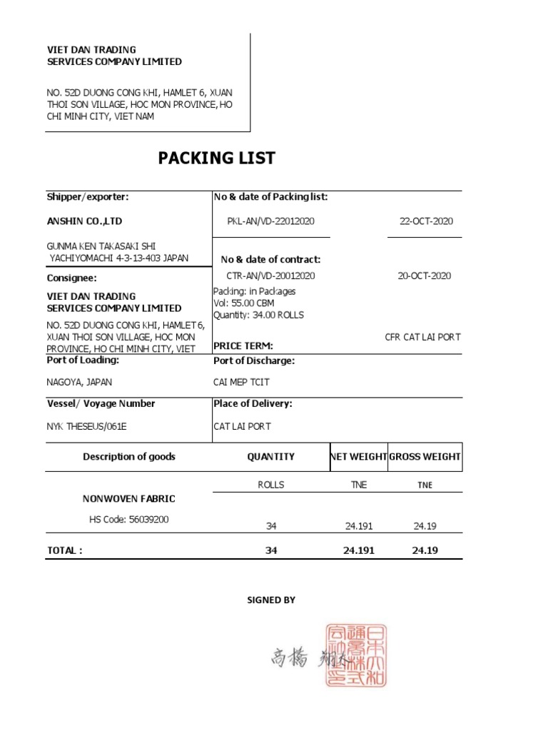 Vietnam Packing List for Nonwoven Fabric | PDF