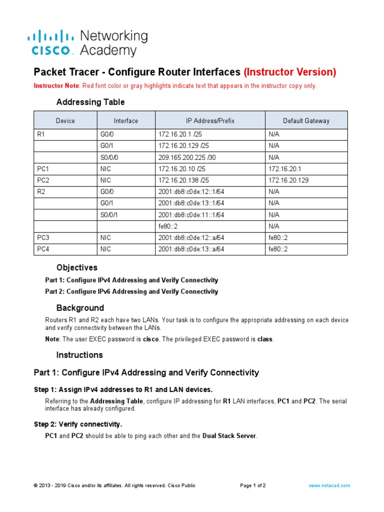 1 4 7 Packet Tracer Configure Router Interfaces Ilm Pdf I Pv6