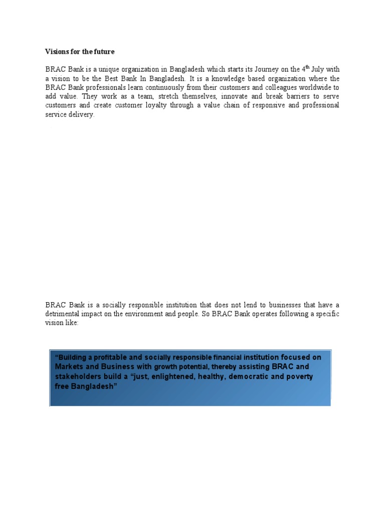 Vision Mission Value of Brac Bank | PDF