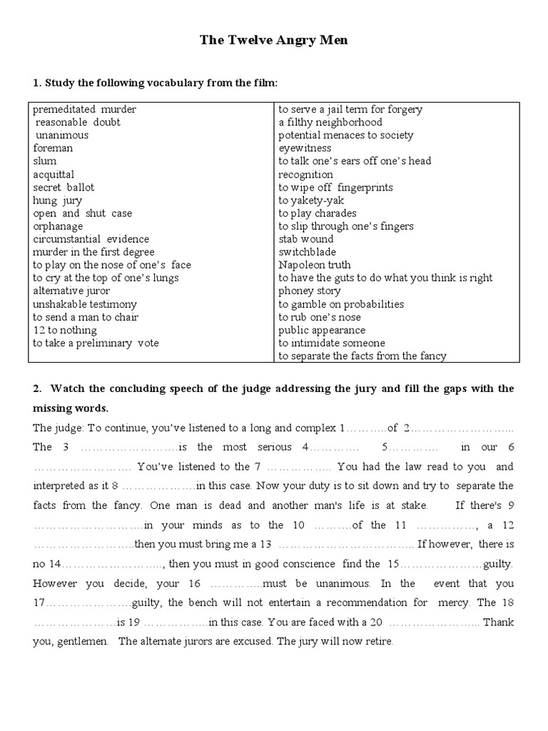 Twelve Angry Men Study Guide Activities | PDF | Verdict | Witness