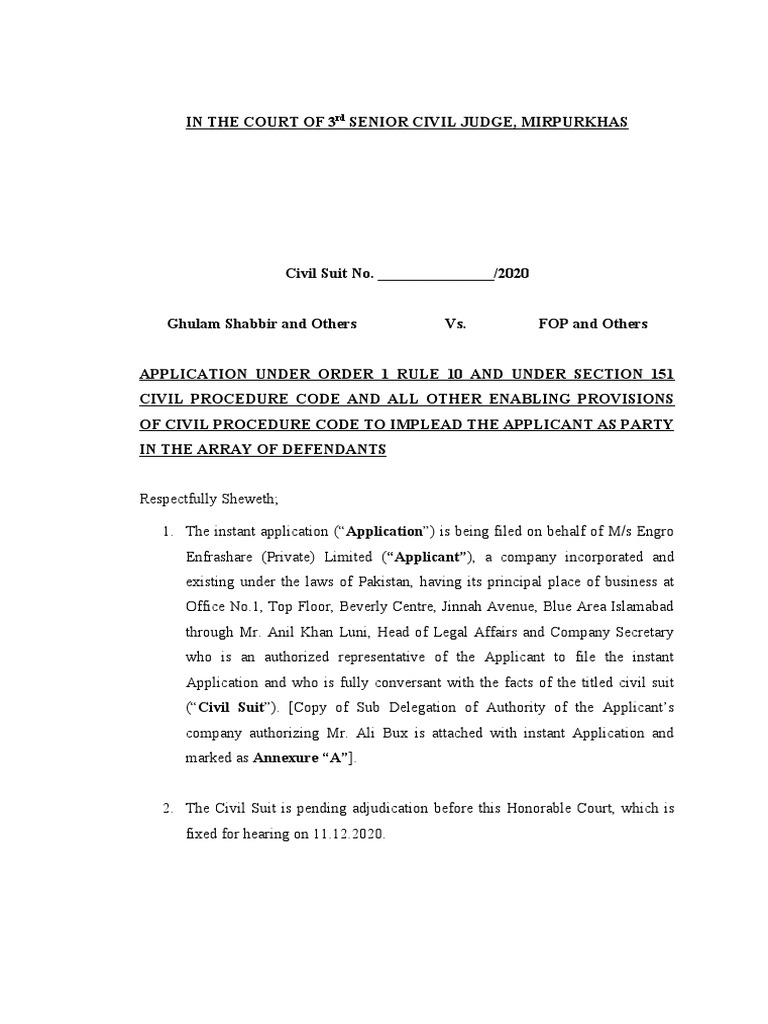 Application Under Order 1 Rule 10 of CPC | PDF | Affidavit | Lawsuit