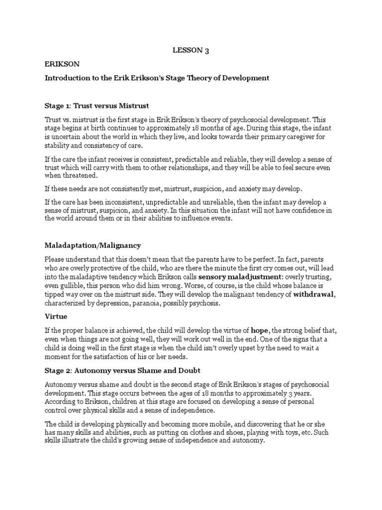 Lesson 3 Erikson Introduction To The Erik Erikson's Stage Theory of ...