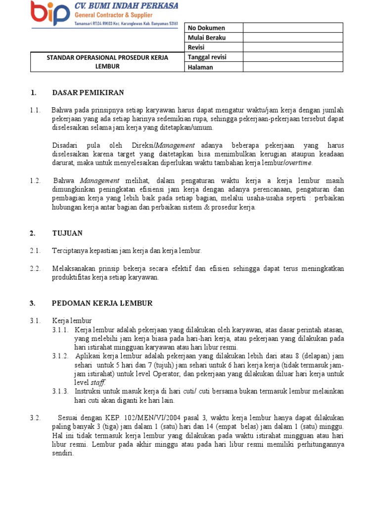 SOP Kerja Lembur Karyawan | PDF