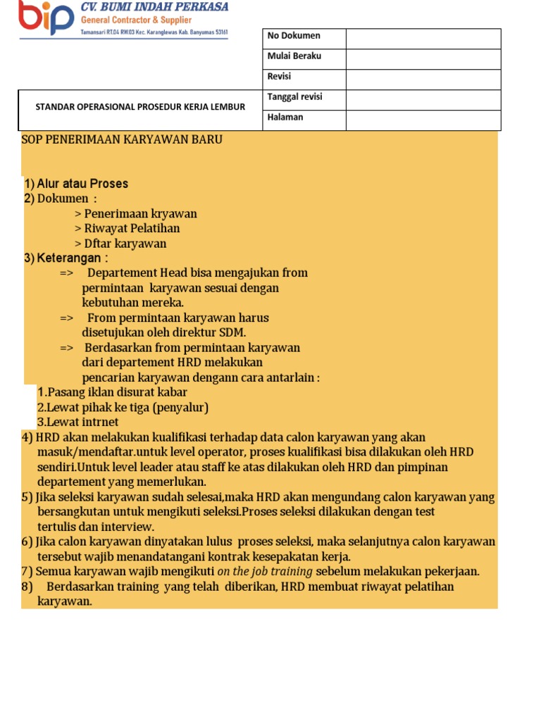 Sop Penerimaan Karyawan Baru | PDF