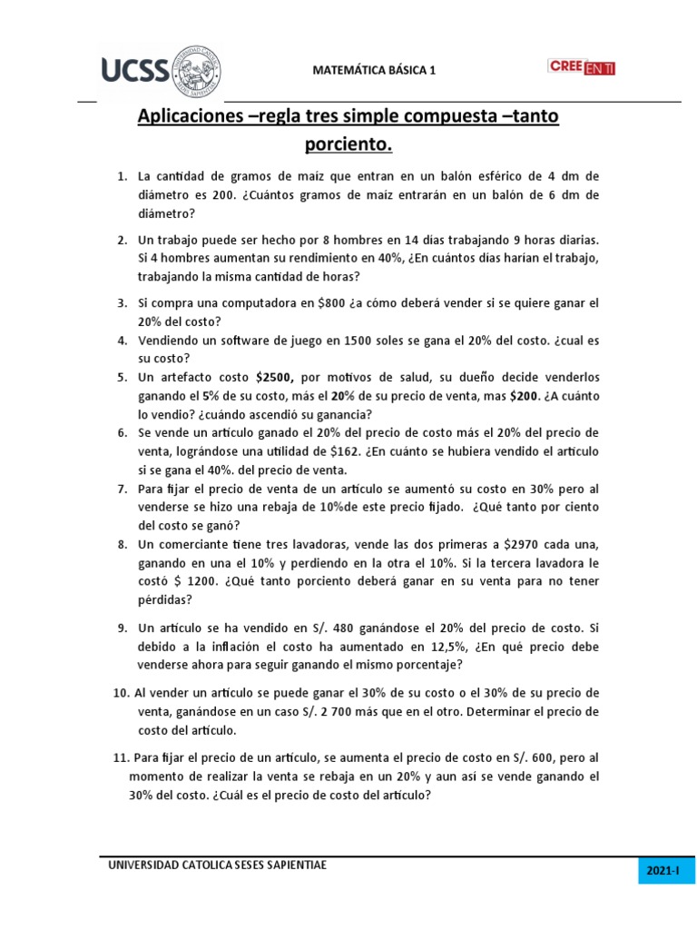 Practicando-Los Problemas de Regla de Tres Simple Compuesta-Tanto Por Ciento | PDF