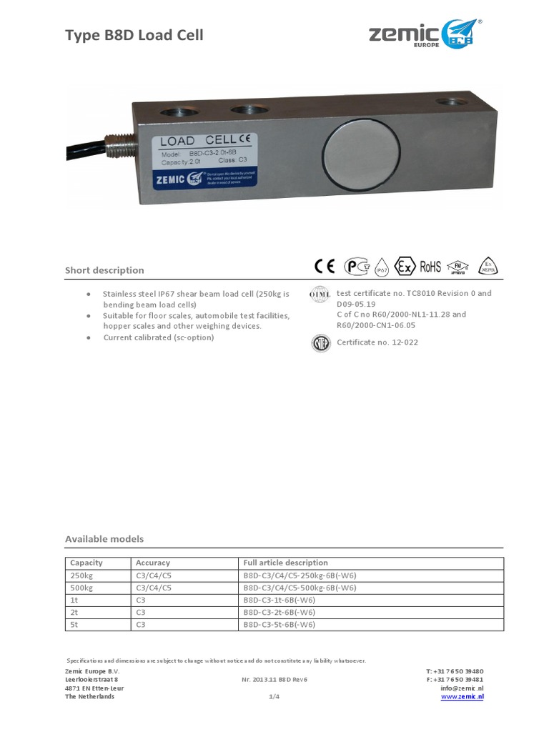 Type B8D Load Cell: Short Description | PDF | Electrical Wiring | Manufactured Goods