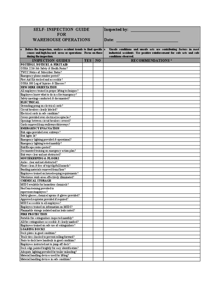 Warehouse Safety Inspection Checklist | PDF | Forklift | Stairs