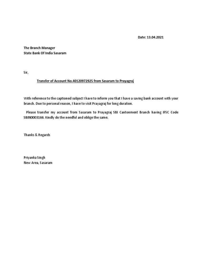 Letter To SBI Sasaram | PDF